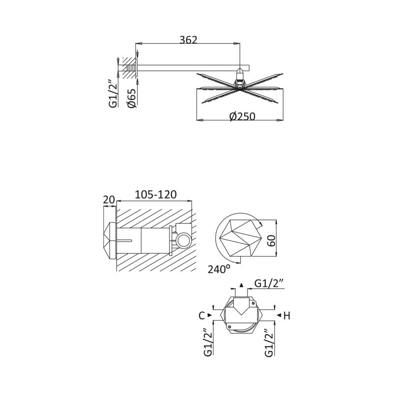 Progressive concealed shower set, with inox shower head Ø250 mm | Hoset