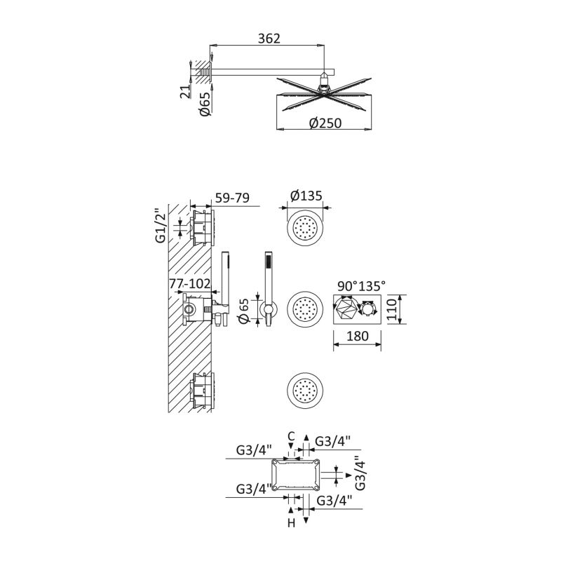 Thermostatic concealed shower set, with inox shower head Ø250 mm, 3 ...