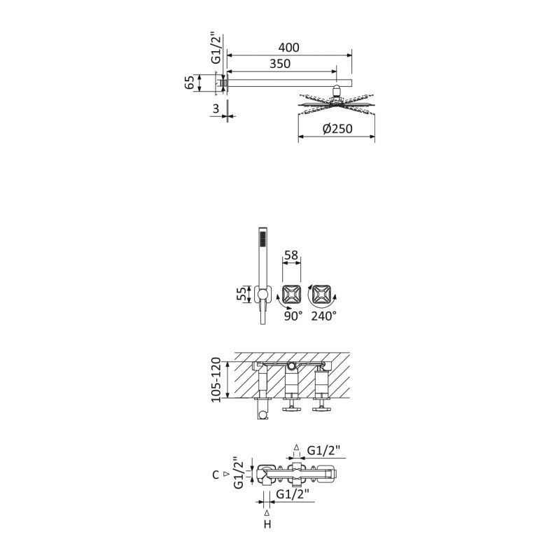 Progressive concealed shower set with inox shower head Ø250 mm ...